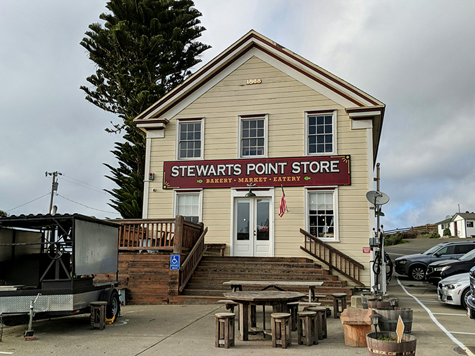 The unassuming yellow facade of Stewarts Point Store stands like a beacon of culinary hope on this remote stretch of Highway 1.