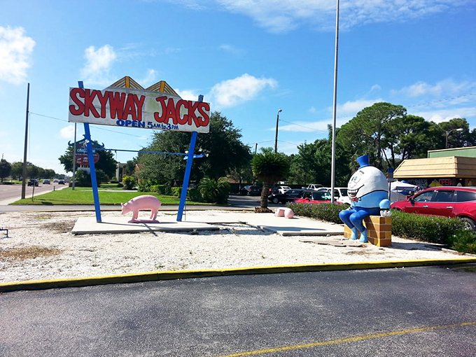 Those iconic yellow pig statues aren't just decoration&mdash;they're sentinels guarding the gateway to breakfast paradise at Skyway Jack's in St. Petersburg.