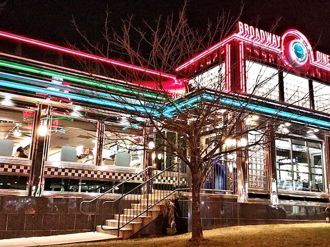 The Broadway Diner's neon glow transforms an ordinary Baltimore night into a scene from an Edward Hopper painting with better food options.