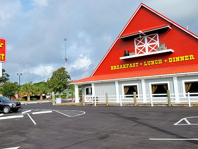 The iconic red barn roof isn't just architectural showmanship&mdash;it's a beacon of breakfast hope standing proud against the South Carolina sky. 