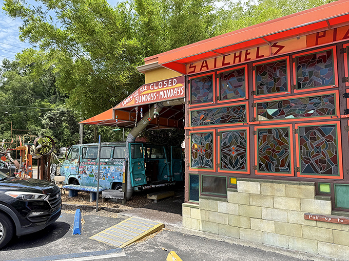 The first clue you're not at an ordinary pizza joint? The psychedelic van parked outside that looks like it drove straight out of Woodstock.