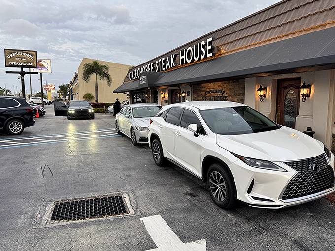 The unassuming exterior of Okeechobee Steakhouse hides culinary treasures within, like finding a diamond mine disguised as a garden shed.