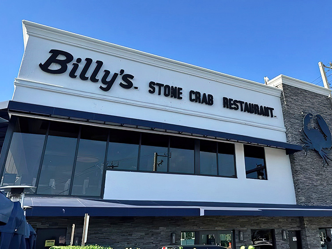 Waterfront dining doesn't get more literal than this. Billy's Stone Crab glows at twilight, with boats practically parking at your table.
