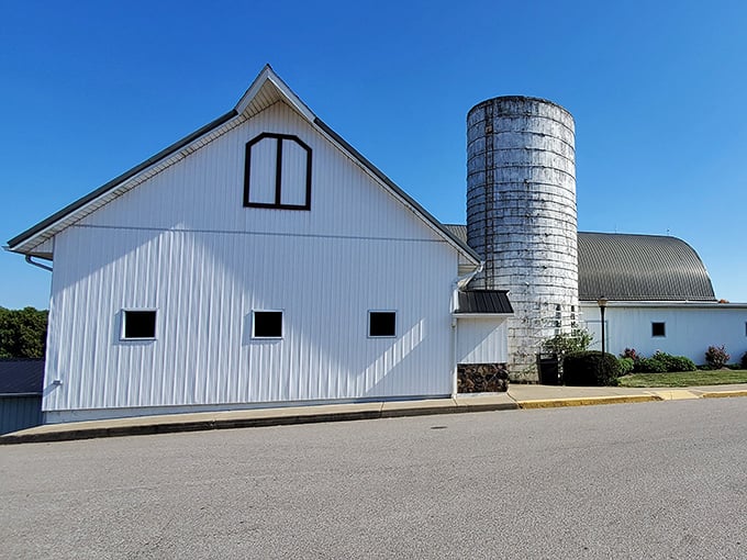 The quintessential American dream &ndash; a working barn transformed into a dining destination. That silo isn't storing grain anymore; it's storing delicious memories.