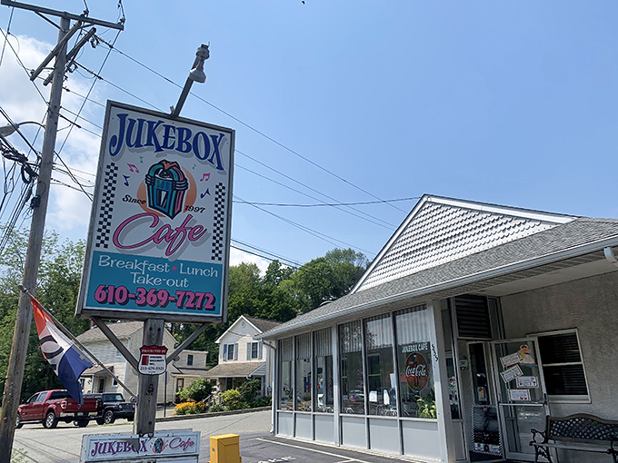 The retro sign beckons like a time machine to simpler days when breakfast was king and calories weren't counted.