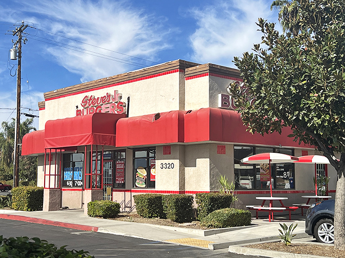Steve's Jr Burgers stands proud with its cherry-red awnings, like a beacon of hope for hungry travelers. California sunshine bounces off this unassuming temple of taste.