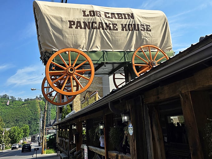 That covered wagon on the roof isn't just decoration&mdash;it's a beacon calling hungry travelers to breakfast paradise in the Smokies.