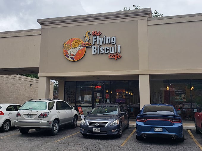 That cheerful storefront sign promises biscuit bliss, and boy does it deliver on every buttery word.