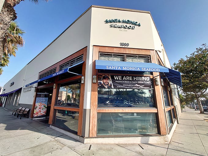 The unassuming corner storefront that houses more seafood wisdom than most maritime museums. California palms stand guard outside this coastal treasure.