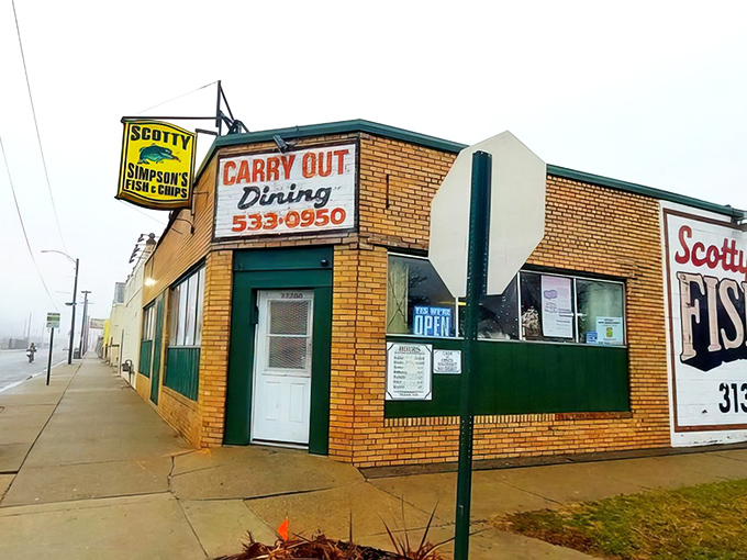 The vintage yellow sign beckons like a lighthouse for the hungry—a no-frills promise of Detroit's finest fish and chips awaiting inside.