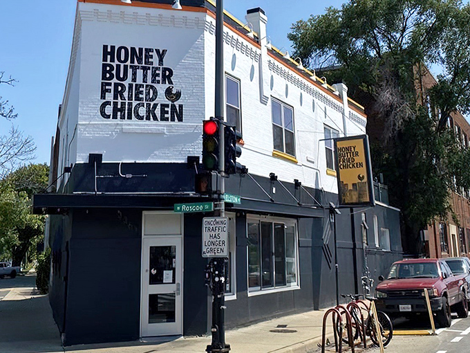 The corner building that houses Honey Butter Fried Chicken stands like a beacon of comfort food glory in Chicago's Avondale neighborhood.