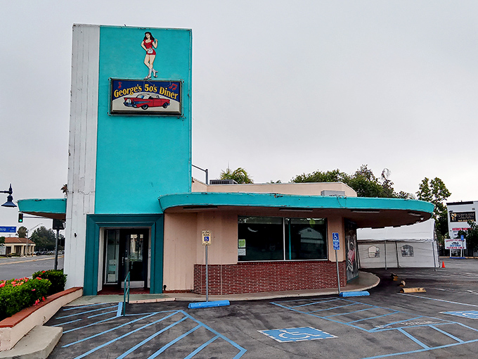 The turquoise beacon of George's 50's Diner stands out like a Cadillac in a parking lot of sensible sedans. Time travel never looked so delicious.