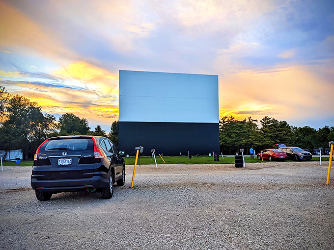 Sunset magic at the Starlite Drive-In, where the sky puts on its own show before the feature presentation begins.
