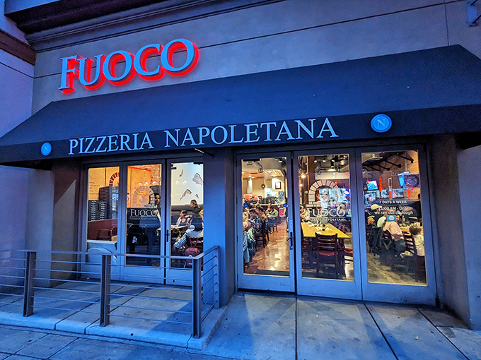 The glowing red FUOCO sign beckons like a lighthouse for pizza pilgrims wandering downtown Fullerton. Naples has arrived in California!