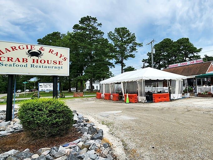 The unassuming entrance to seafood paradise. That weathered sign has guided hungry pilgrims to blue crab nirvana for decades.
