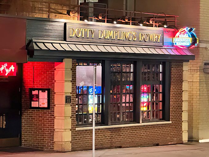 The brick facade of Dotty Dumpling's Dowry beckons like an old friend, promising burger bliss behind those welcoming windows. 