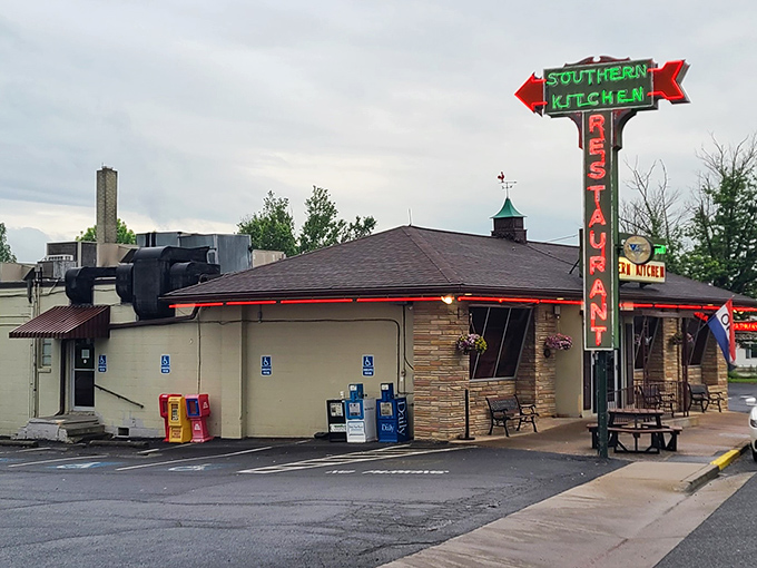 That iconic neon sign beckons hungry travelers like a lighthouse for comfort food enthusiasts navigating the Shenandoah Valley.
