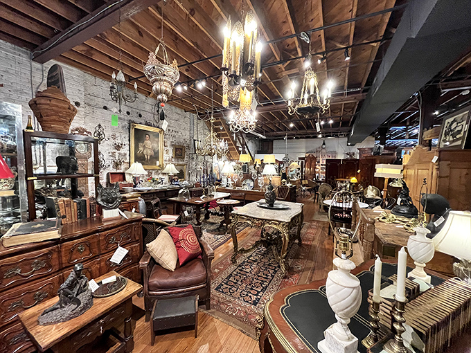 Treasure hunter's paradise! Aisle B21 beckons with weathered wood tables, architectural salvage, and that vintage sign practically screaming "take me home to your guest room."