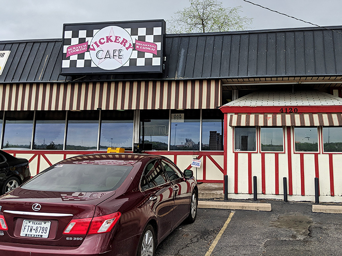 The unassuming exterior of Vickery Cafe might not stop traffic, but the full parking lot tells the real story. Culinary treasures often hide in plain sight.