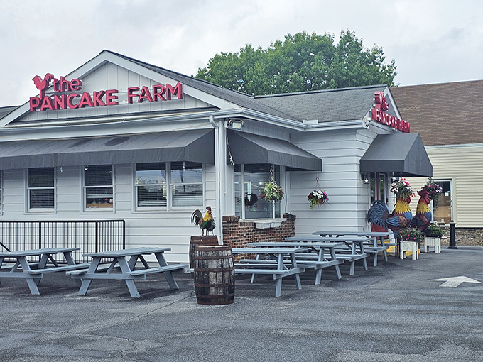The white building with signature red awnings beckons like an old friend. Pancake Farm's unassuming exterior hides breakfast treasures worth the drive to Ephrata.
