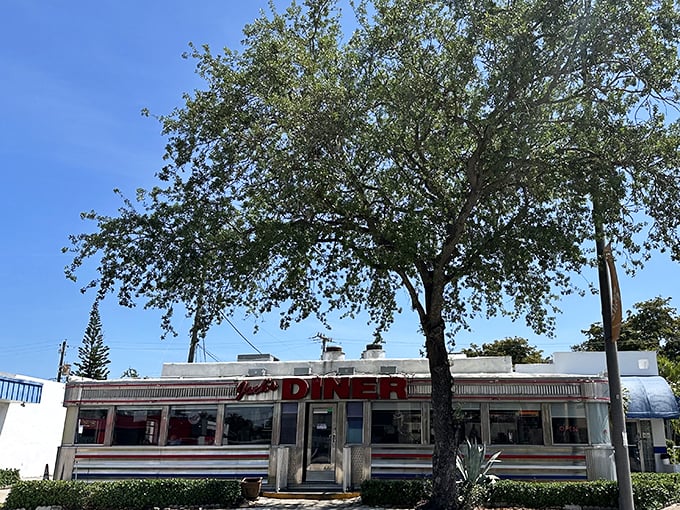 Chrome-clad time machine alert! Jack's Hollywood Diner gleams in the Florida sunshine, promising nostalgic flavors with that unmistakable mid-century charm.