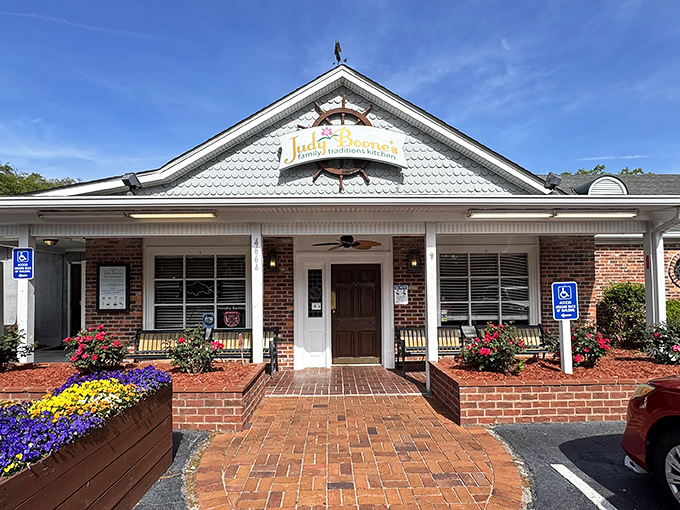 The charming exterior of Judy Boone's welcomes you like an old friend, complete with nautical touches that whisper "coastal comfort food ahead."
