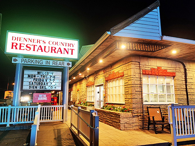 The welcoming glow of Dienner's at dusk promises comfort food salvation after a long day exploring Amish Country.
