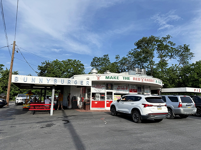 The iconic curved facade of Red Rabbit Drive-In stands as a time capsule of Americana, beckoning hungry travelers with its "BUNNYBURGER" promise.