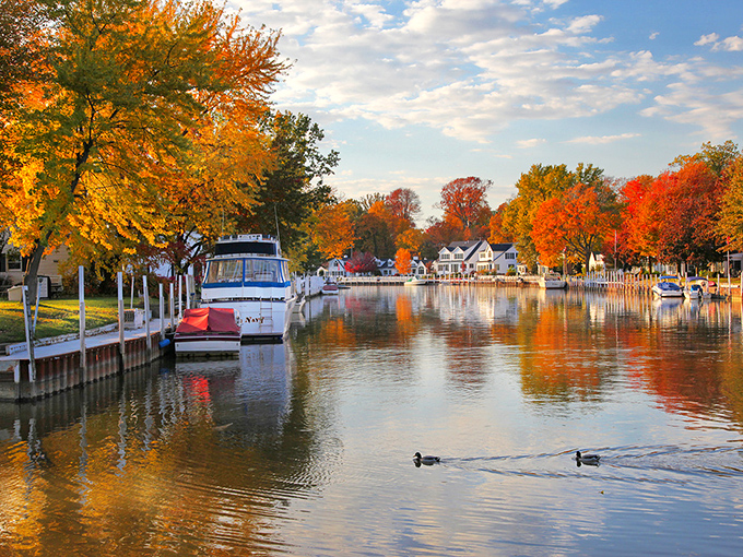 Fall paints Vermilion's harbor in fiery hues, where boats rest and waterfront homes embrace Lake Erie's tranquil autumn splendor.