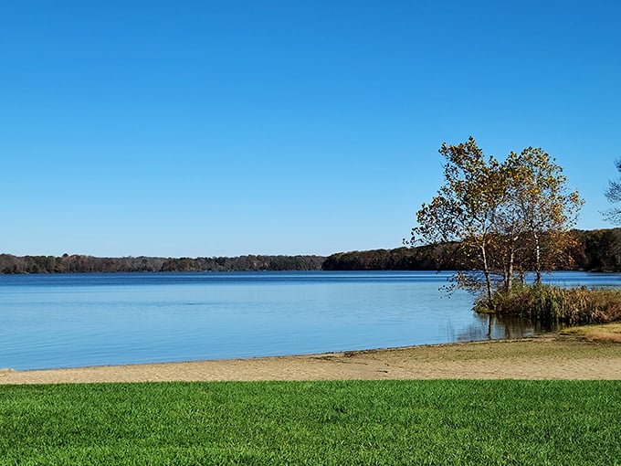 Morning tranquility at its finest &ndash; Rocky Fork Lake's glassy surface reflects the brilliant Ohio sky like nature's own infinity mirror.