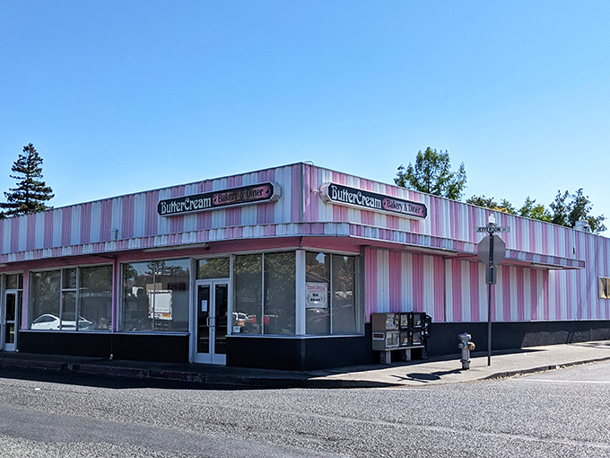 The pink and white striped exterior of Butter Cream Bakery isn't just eye-catching&mdash;it's like Willy Wonka designed a building in wine country.