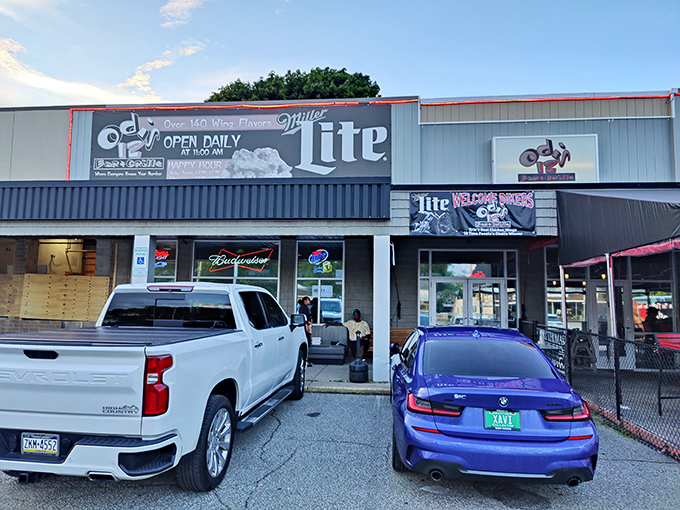 The unassuming exterior of Odis 12 hides a wing paradise within. Like finding a treasure map in your attic, this place promises delicious adventures.