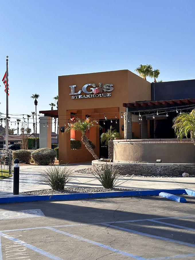 Desert nights transform this steakhouse into a glowing beacon where carnivorous dreams come true under starlit skies.