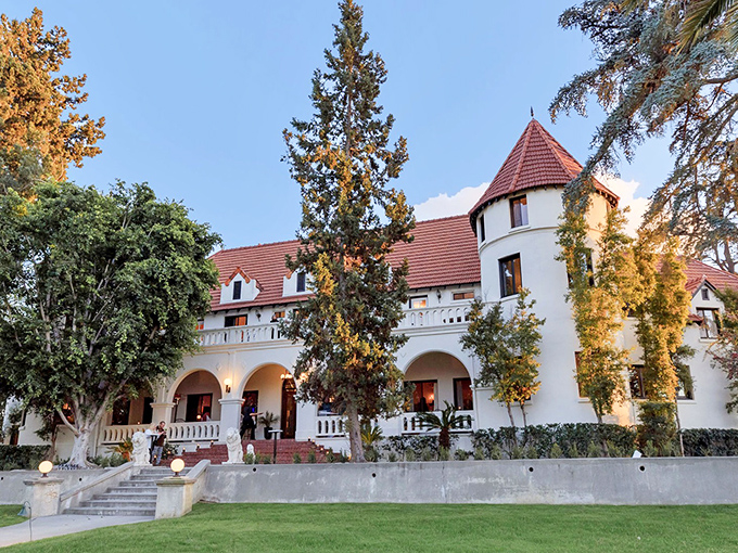 Mediterranean dreams come to life at Wrensmoor Castle, where terracotta roofs and a circular fountain create the perfect California-meets-Spain fantasy.