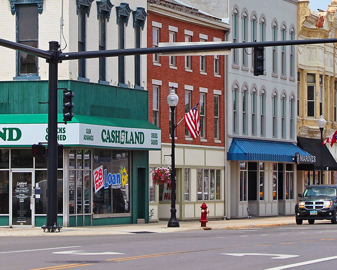 Downtown Bucyrus looks like it was plucked straight from a Hallmark movie set, with its classic brick buildings and colorful awnings creating small-town perfection.