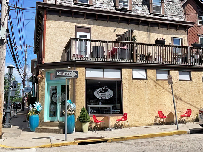 The corner storefront of Pie and Plate Cafe glows like a beacon of buttery hope in downtown Ambler, especially enchanting as dusk settles.