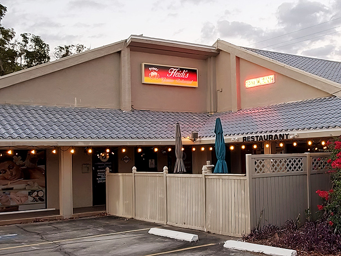 The unassuming exterior of Heidi's German Restaurant hides culinary treasures within, like finding a Bavarian village tucked away in Fort Myers.