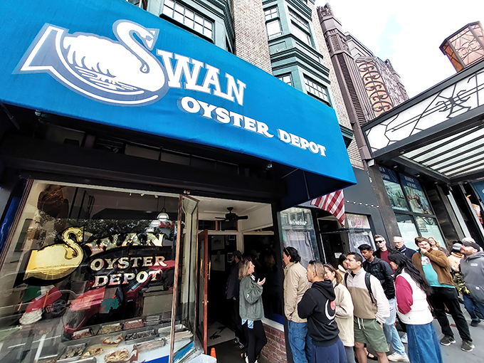 The iconic blue awning of Swan Oyster Depot &ndash; San Francisco's seafood institution where time stands deliciously still on Polk Street.