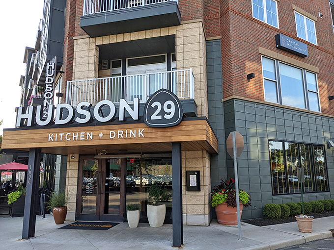 Hudson 29's modern exterior blends urban sophistication with Midwestern warmth—like that friend whose home always feels more stylish than yours, yet completely welcoming.
