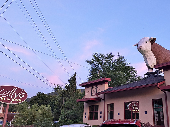That's not just any cow on the roof – it's a bovine ambassador beckoning you to carnivorous paradise at Kelly's in Boalsburg.