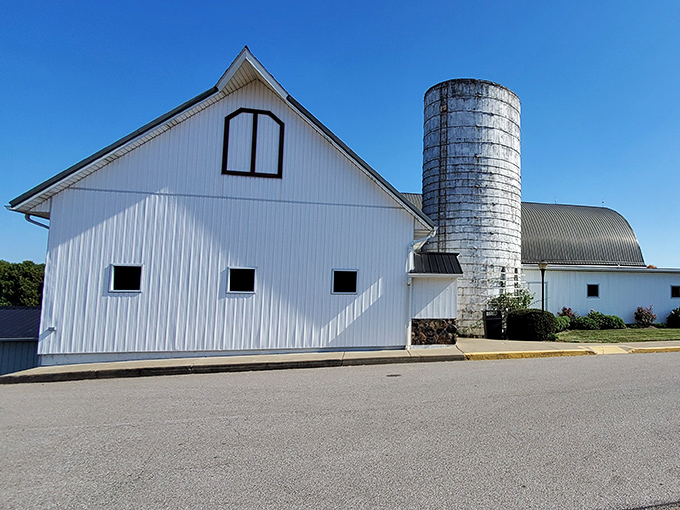 The iconic white barn and silo stand proudly against Ohio's big sky, like a cathedral dedicated to comfort food rather than prayer.