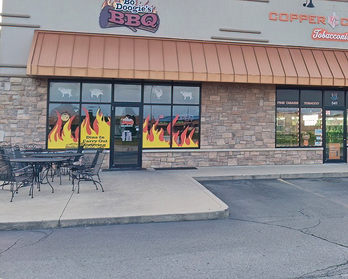 The unassuming storefront that houses barbecue greatness. Like finding a diamond in a strip mall, Bo Doogie's flame-decorated windows promise smoky treasures within.