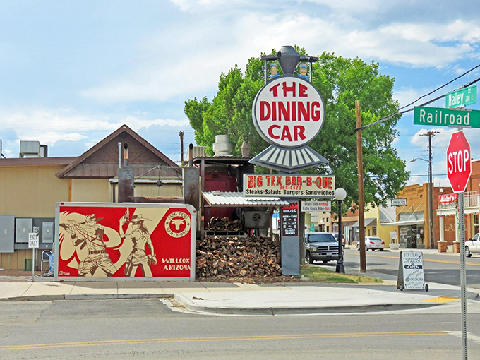 Welcome to barbecue paradise! The iconic "Dining Car" sign beckons hungry travelers to Big Tex BBQ, where mesquite-smoked meats and Western charm await in downtown Willcox.
