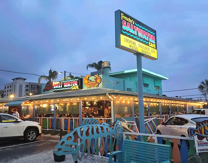 The turquoise beacon of seafood salvation! Frenchy's Saltwater Cafe stands out against the Clearwater sky like a delicious mirage for hungry beachgoers.