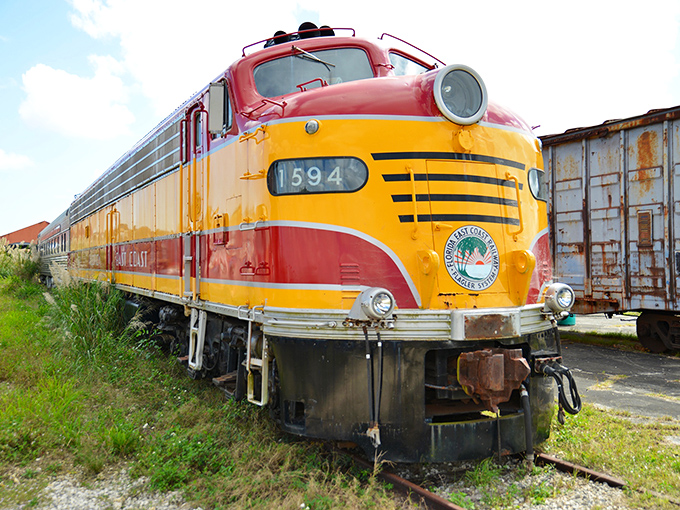 The Atlantic Coast Line 1504 steam locomotive stands like a sleeping giant, ready to transport visitors back to an era when these iron horses ruled America's rails.
