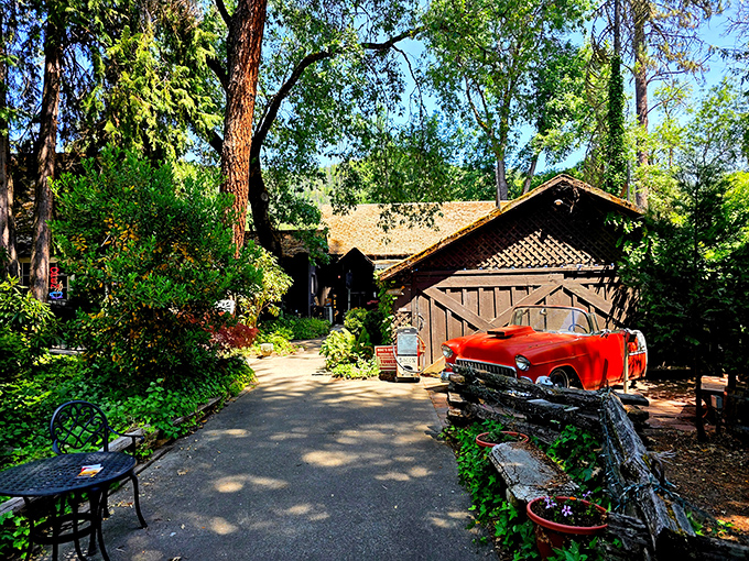 Time travel exists! Mac's vintage exterior with its classic car "crashing" through the front is Oregon's most creative welcome sign.