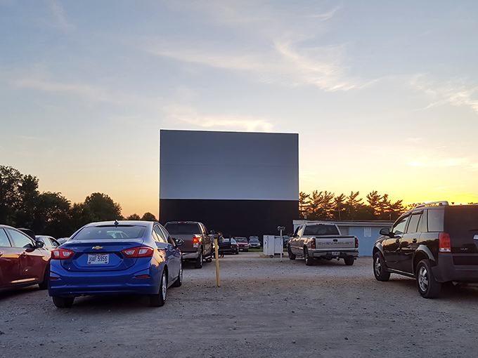 Sunset magic at the Starlite Drive-In, where the sky puts on its own show before the feature presentation begins.