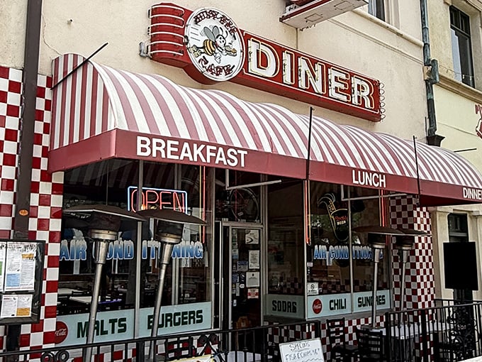 The classic red and white checkered exterior of Busy Bee Cafe isn't just inviting&mdash;it's practically shouting "Get in here and eat something wonderful!"