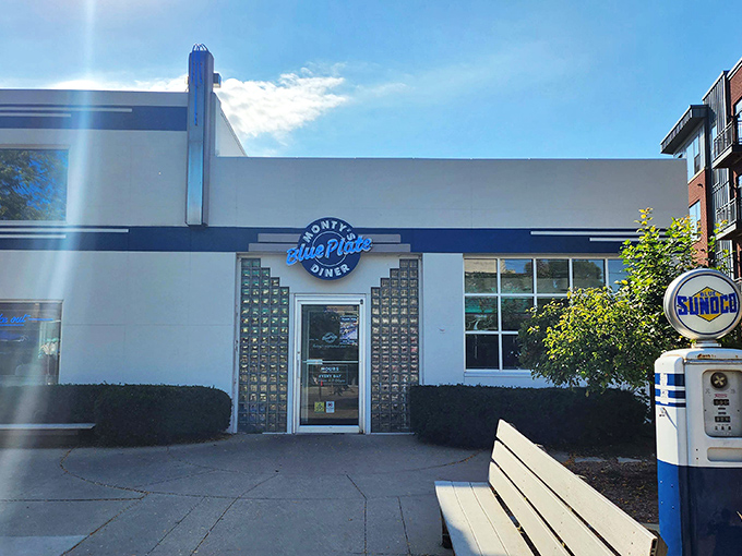 The blue-trimmed facade of Monty's Blue Plate Diner stands like a time capsule on Madison's east side, promising comfort food that transcends decades.