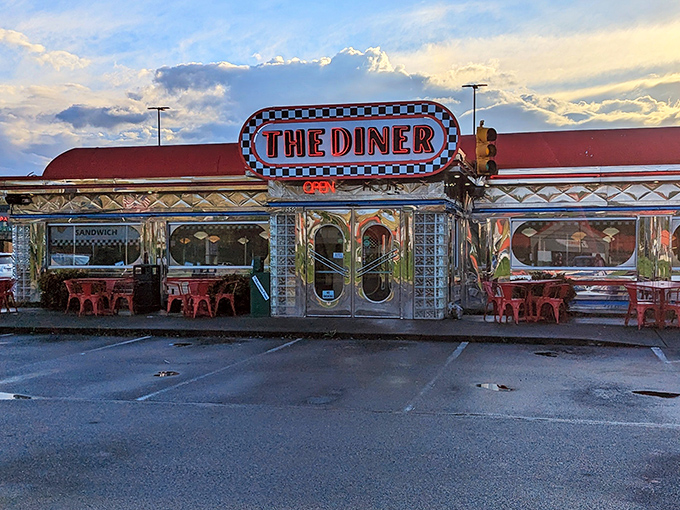 The gleaming stainless steel exterior of The Diner shines like a time machine disguised as a restaurant. Classic Americana at its finest!